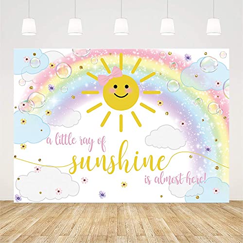 Sendy 7x5ft Rainbow Sunshine Baby Shower Backdrop A Little Ray of Sunshine is Almost Here Oh Baby Party Decorations Banner Cloud Bubble Gold Glitter Photography Background Cake Table Props Supplies