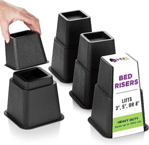 holdn’ storage adjustable bed risers and furniture risers - stackable bed lift 3, 5, or 8 inch - set of 4 bed risers 8 inch heavy duty - perfect for college dorms – fits legs up to 7.5” w