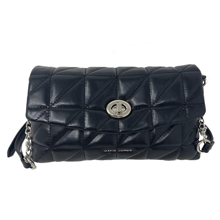 David Jones Paris Quilted Soft Faux Leather Chain Evening Party Shoulder Crossbody Bag (Black)