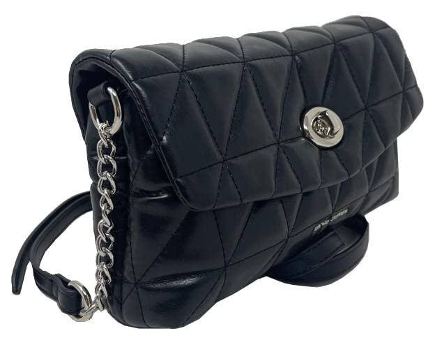 David Jones Paris Quilted Soft Faux Leather Chain Evening Party Shoulder Crossbody Bag (Black)