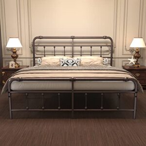 debercu king-size-bed-frame with-headboard and footboard - no box spring need,victorian vintage heavy duty metal platform mattress foundation(brown)