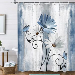 veivian rustic farmhouse shower curtain, farm blue daisy floral flowers and butterfly on country wooden shower curtain for bathroom with 12pcs hooks, 70x70in, turquoise blue