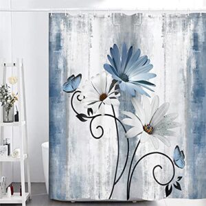 VeiVian Rustic Farmhouse Shower Curtain, Farm Blue Daisy Floral Flowers and Butterfly on Country Wooden Shower Curtain for Bathroom with 12PCS Hooks, 70X70IN, Turquoise Blue