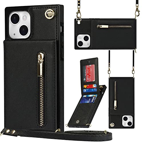 Jaorty Crossbody Phone Case for iPhone 13 Mini Case with Card Holder for Women,iPhone 13 Mini Case Wallet with Strap Lanyard for Men,PU Leather Magnetic Clasp with Kickstand 5.4", Black