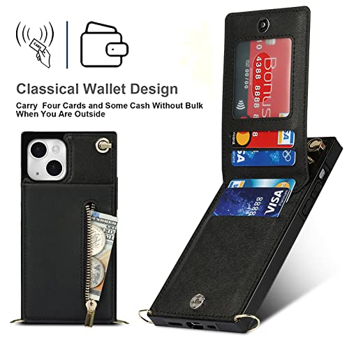 Jaorty Crossbody Phone Case for iPhone 13 Mini Case with Card Holder for Women,iPhone 13 Mini Case Wallet with Strap Lanyard for Men,PU Leather Magnetic Clasp with Kickstand 5.4", Black