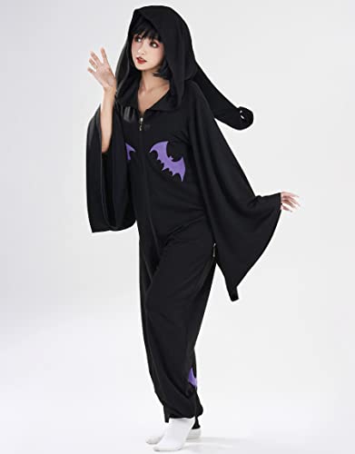 haikyuu Women Halloween Onesie Costume Bat Pajama Pumpkin Emoji Loungewear Turkey Hooded Kigurumi Jumpsuit Homewear (large, black)