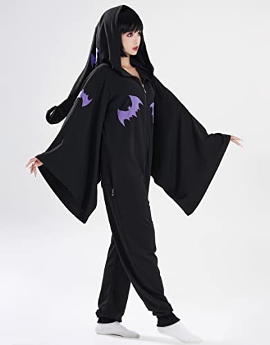 haikyuu Women Halloween Onesie Costume Bat Pajama Pumpkin Emoji Loungewear Turkey Hooded Kigurumi Jumpsuit Homewear (large, black)