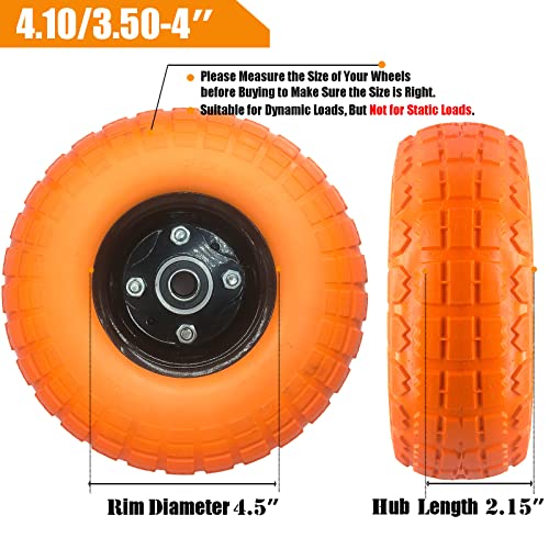 4.10/3.50-4 tire and Wheel Flat Free,10" Solid Tire Wheel with 5/8" Bearings,2.1" Offset Hub,for Gorilla Cart,Garden Carts,Dolly,Trolley,Dump Cart,Hand Truck/Wheelbarrow/Garden Wagon (2 Pack-Orange)