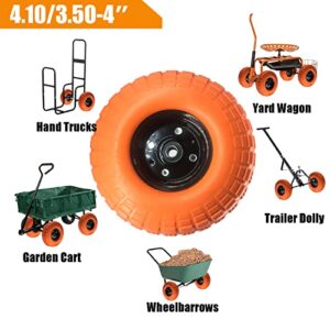 4.10/3.50-4 tire and Wheel Flat Free,10" Solid Tire Wheel with 5/8" Bearings,2.1" Offset Hub,for Gorilla Cart,Garden Carts,Dolly,Trolley,Dump Cart,Hand Truck/Wheelbarrow/Garden Wagon (2 Pack-Orange)