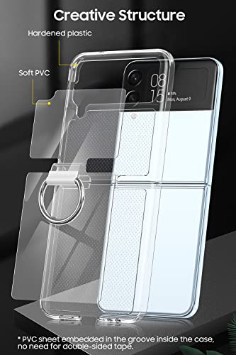 MAKAVO for Samsung Galaxy Z Flip 4 Clear Case with Ring Holder, [Upgraded] Slim Thin Crystal Hard PC Shockproof Protective Phone Cover for Flip4 5G 2022