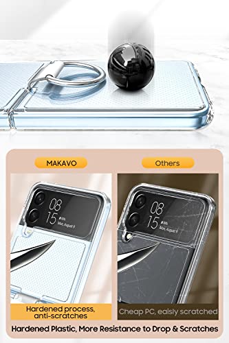 MAKAVO for Samsung Galaxy Z Flip 4 Clear Case with Ring Holder, [Upgraded] Slim Thin Crystal Hard PC Shockproof Protective Phone Cover for Flip4 5G 2022