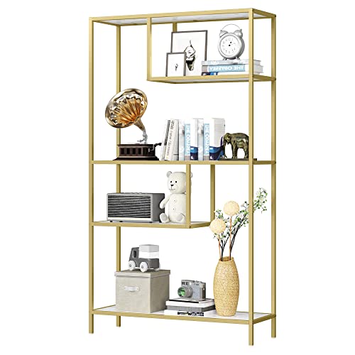 HOME BI Bookshelf,4 Tier Metal Frame Bookcase, Tall Book Shelf,Open Display Shelves for Office, Study Room, Living Room,Gold 13" D x 39.37" W x 70.08" H