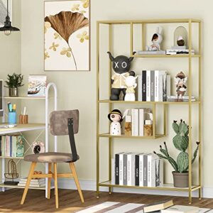 HOME BI Bookshelf,4 Tier Metal Frame Bookcase, Tall Book Shelf,Open Display Shelves for Office, Study Room, Living Room,Gold 13" D x 39.37" W x 70.08" H