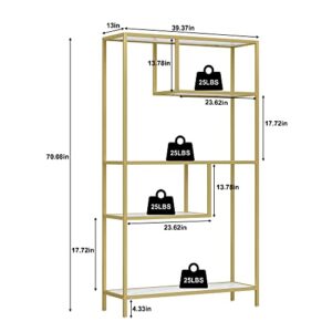 HOME BI Bookshelf,4 Tier Metal Frame Bookcase, Tall Book Shelf,Open Display Shelves for Office, Study Room, Living Room,Gold 13" D x 39.37" W x 70.08" H