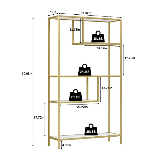 HOME BI Bookshelf,4 Tier Metal Frame Bookcase, Tall Book Shelf,Open Display Shelves for Office, Study Room, Living Room,Gold 13" D x 39.37" W x 70.08" H