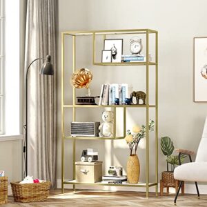 HOME BI Bookshelf,4 Tier Metal Frame Bookcase, Tall Book Shelf,Open Display Shelves for Office, Study Room, Living Room,Gold 13" D x 39.37" W x 70.08" H