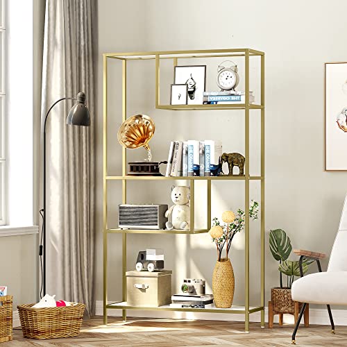 HOME BI Bookshelf,4 Tier Metal Frame Bookcase, Tall Book Shelf,Open Display Shelves for Office, Study Room, Living Room,Gold 13" D x 39.37" W x 70.08" H