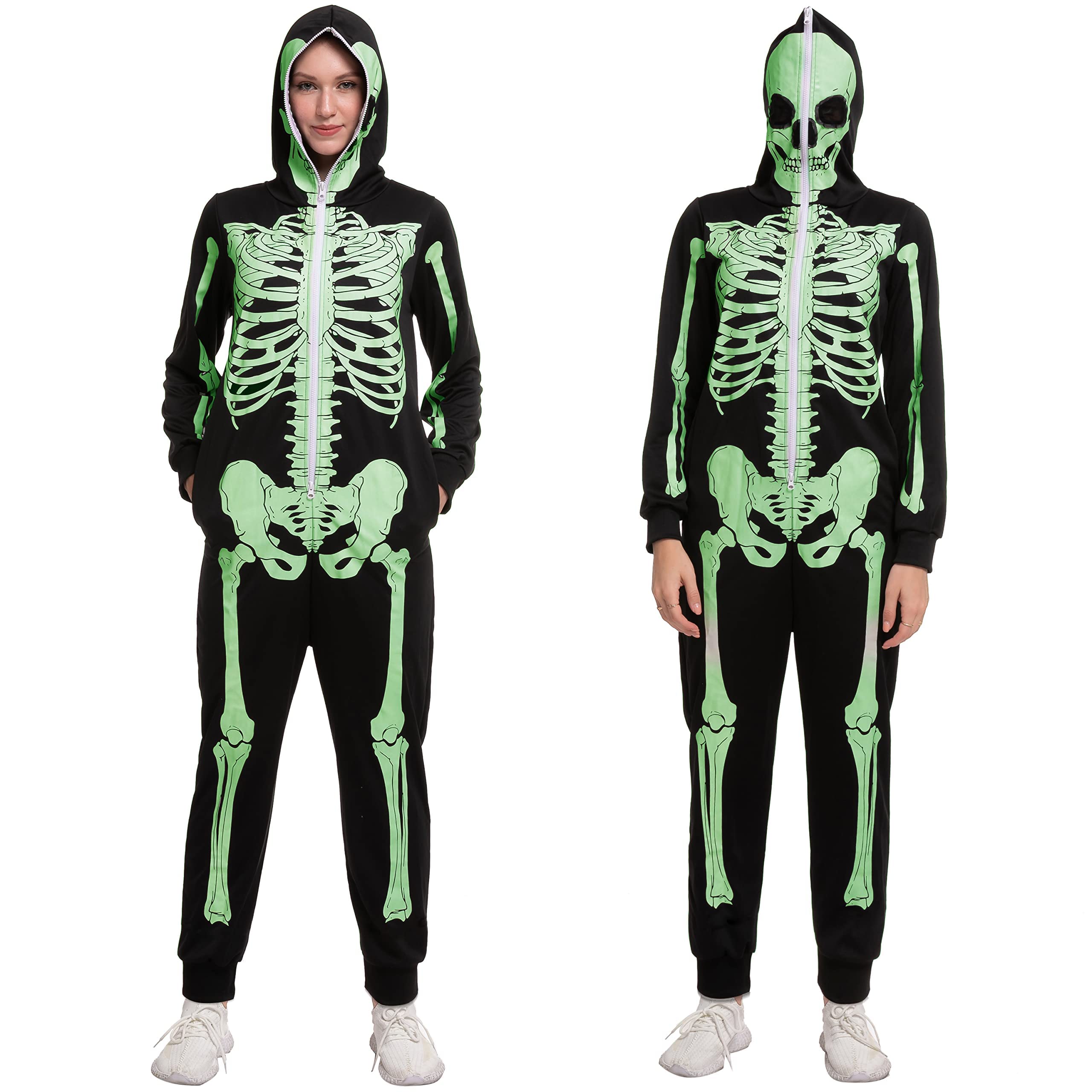 Spooktacular Creations Adult Women Skeleton Glow in the Dark Onesie Pajama Jumpsuit for Halloween Costume, Trick or Treat, Themed Party-M