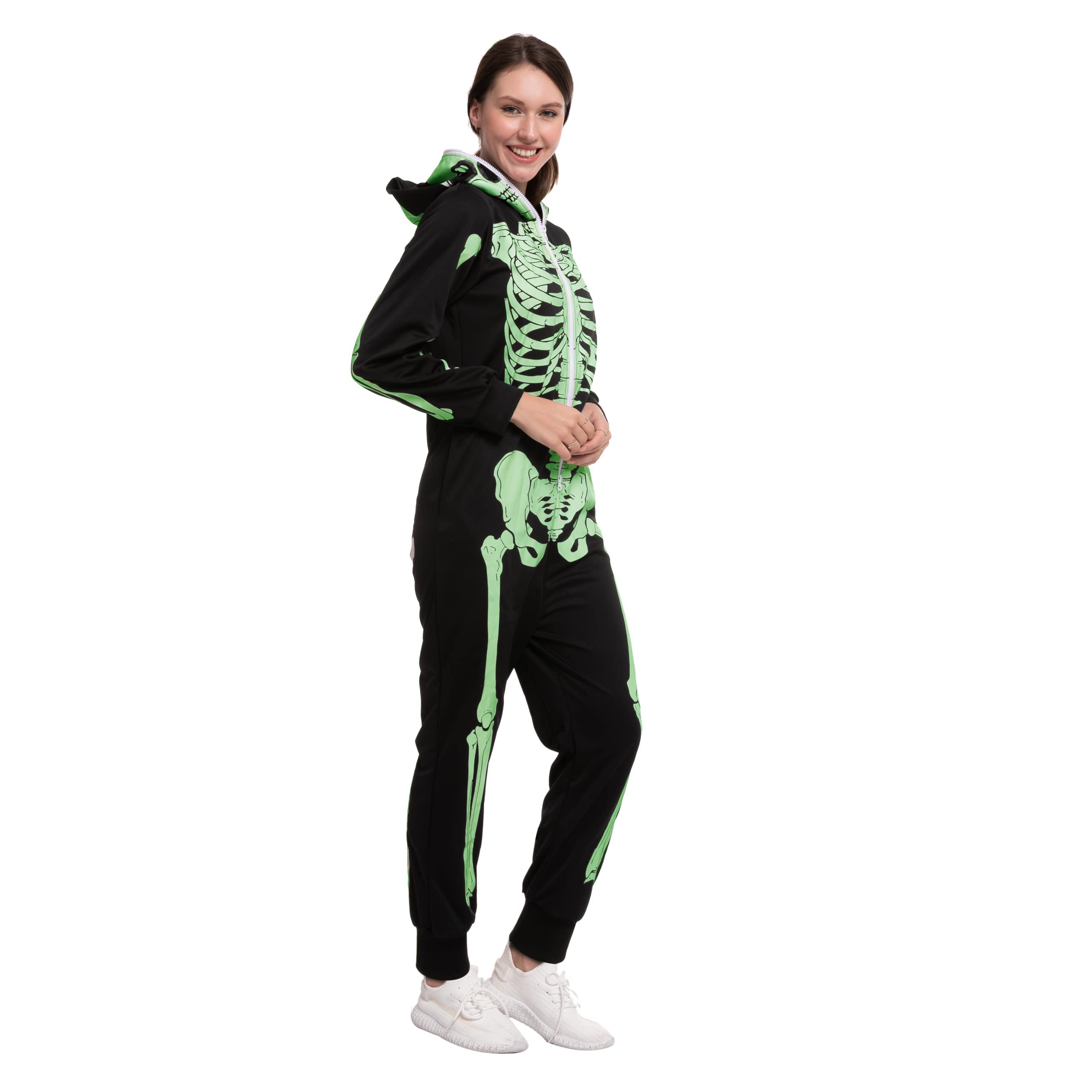 Spooktacular Creations Adult Women Skeleton Glow in the Dark Onesie Pajama Jumpsuit for Halloween Costume, Trick or Treat, Themed Party-M