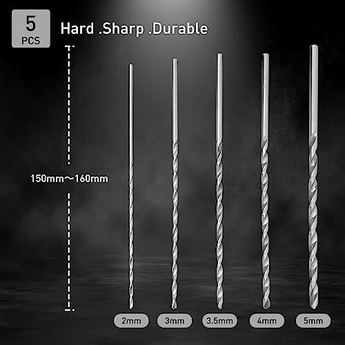 Extra Long Drill Bit Set, 5Pcs 150mm~160mm High Speed Steel Straight Shank Tool Wood Drill Bits Set 2-5 mm