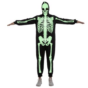 Spooktacular Creations Adult Women Skeleton Glow in the Dark Onesie Pajama Jumpsuit for Halloween Costume, Trick or Treat, Themed Party-M