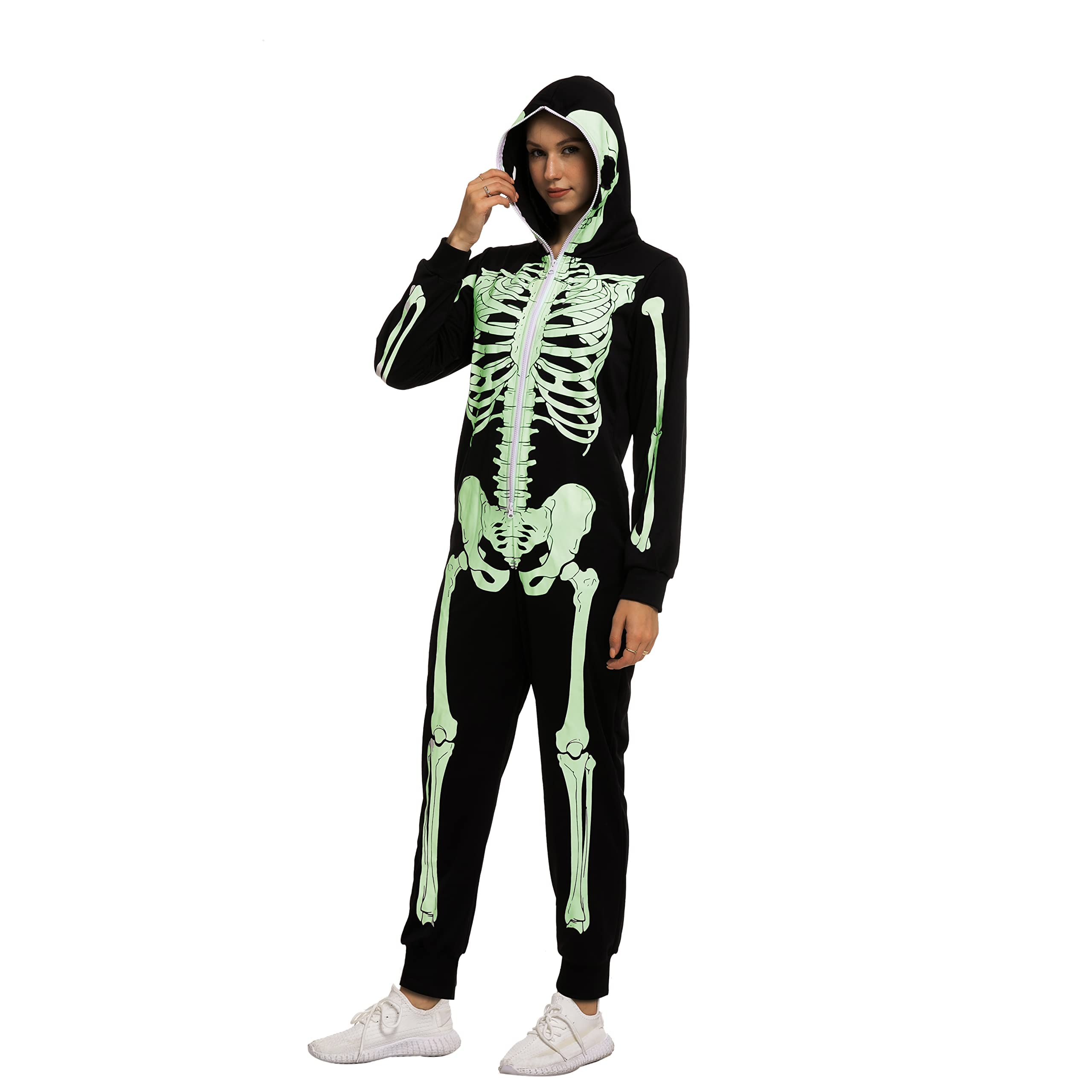 Spooktacular Creations Adult Women Skeleton Glow in the Dark Onesie Pajama Jumpsuit for Halloween Costume, Trick or Treat, Themed Party-M