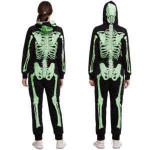 Spooktacular Creations Adult Women Skeleton Glow in the Dark Onesie Pajama Jumpsuit for Halloween Costume, Trick or Treat, Themed Party-M