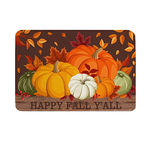 Thanksgiving Pumpkin Welcome Door Mats Indoor Entrance Rug Mat, Autumn Maple Leaf Rustic Brown Kitchen Floor Bathroom Carpets, Happy Fall Y'all Home Decor Absorbent Bath Non Slip Doormats 15.7"x23.6"