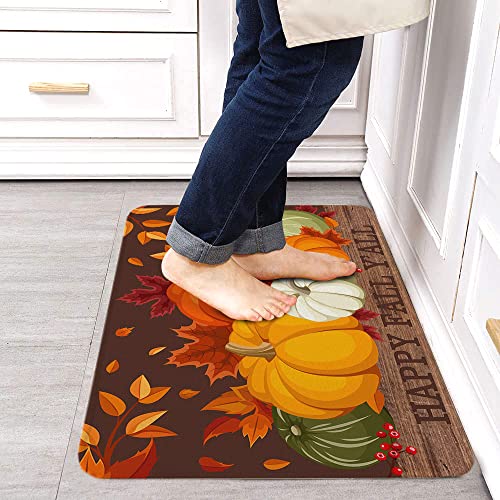 Thanksgiving Pumpkin Welcome Door Mats Indoor Entrance Rug Mat, Autumn Maple Leaf Rustic Brown Kitchen Floor Bathroom Carpets, Happy Fall Y'all Home Decor Absorbent Bath Non Slip Doormats 15.7"x23.6"