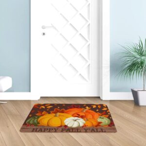 Thanksgiving Pumpkin Welcome Door Mats Indoor Entrance Rug Mat, Autumn Maple Leaf Rustic Brown Kitchen Floor Bathroom Carpets, Happy Fall Y'all Home Decor Absorbent Bath Non Slip Doormats 15.7"x23.6"