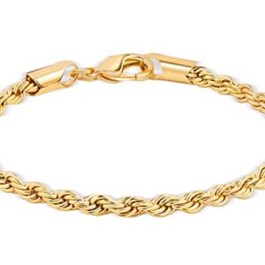 Barzel 18K Gold Plated 4MM Rope Gold Chain Bracelet For Men & Women