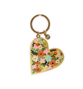 rifle paper co. floral heart, 2.4" l x 1.75" w, enamel keychain charm, 1" key ring, vibrant floral blooms printed in full color with a polished, glossy finish