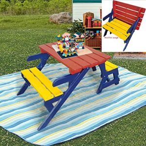 Kids Study Table and Chairs Set, Multi-Functional Children Activity Desk with 2 Bench, Indoor Outdoor Safe Steady Kid-Sized Furniture Children Table and Chair Set (Blue+red+yellow, 3 in 1)