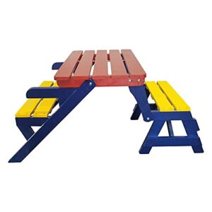 Kids Study Table and Chairs Set, Multi-Functional Children Activity Desk with 2 Bench, Indoor Outdoor Safe Steady Kid-Sized Furniture Children Table and Chair Set (Blue+red+yellow, 3 in 1)