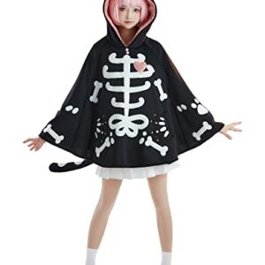 haikyuu Women Halloween Skeleton Cat Cape Skull Cosplay Cloak With Tail Onesie Kigurumi Fleece Hooded Poncho Cosplay Party Comic Con (large)