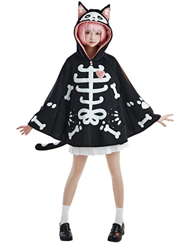 haikyuu Women Halloween Skeleton Cat Cape Skull Cosplay Cloak With Tail Onesie Kigurumi Fleece Hooded Poncho Cosplay Party Comic Con (large)