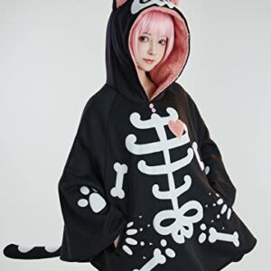 haikyuu Women Halloween Skeleton Cat Cape Skull Cosplay Cloak With Tail Onesie Kigurumi Fleece Hooded Poncho Cosplay Party Comic Con (large)