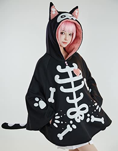 haikyuu Women Halloween Skeleton Cat Cape Skull Cosplay Cloak With Tail Onesie Kigurumi Fleece Hooded Poncho Cosplay Party Comic Con (large)