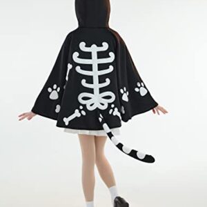 haikyuu Women Halloween Skeleton Cat Cape Skull Cosplay Cloak With Tail Onesie Kigurumi Fleece Hooded Poncho Cosplay Party Comic Con (large)