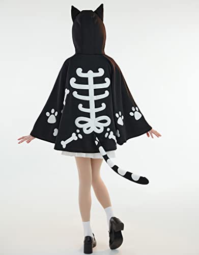 haikyuu Women Halloween Skeleton Cat Cape Skull Cosplay Cloak With Tail Onesie Kigurumi Fleece Hooded Poncho Cosplay Party Comic Con (large)