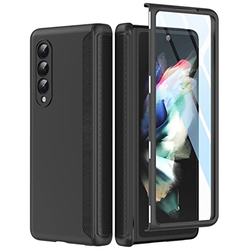 MAKAVO Slim Thin Z Fold 3 Case with Hinge Coverage, Screen Protector, Matte Hard Shockproof Full Body Protection Phone Cover for Samsung Galaxy Z Fold 3 5G (Black)