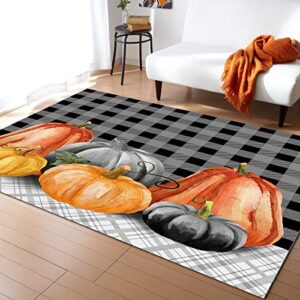 fall pumpkin large rectangular area rugs 3' x 5' living room, thankgiving rustic black grey plaid autumn maple leaf durable non slip rug carpet floor mat for bedroom bedside outdoor