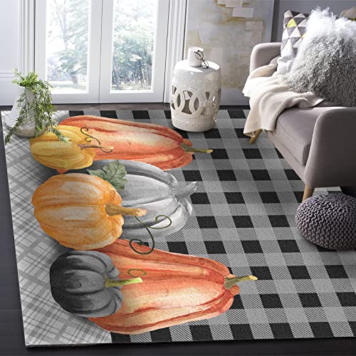 Fall Pumpkin Large Rectangular Area Rugs 3' x 5' Living Room, Thankgiving Rustic Black Grey Plaid Autumn Maple Leaf Durable Non Slip Rug Carpet Floor Mat for Bedroom Bedside Outdoor