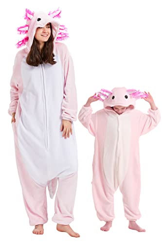 DELEY Unisex Adult Axolotl Onesie Pajamas, Flannel Animal One Piece Costume Sleepwear Halloween Cosplay Homewear