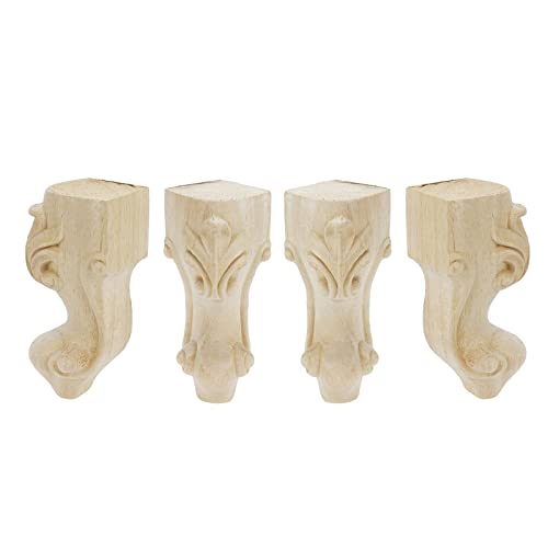 Tsnamay 5.9" Rubber Solid Wood Unfinished Furniture Legs Replacement Sofa Couch Chair,European Flower Carving Table Cabinet Furniture Wood Legs Set of 4