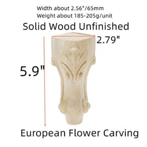 Tsnamay 5.9" Rubber Solid Wood Unfinished Furniture Legs Replacement Sofa Couch Chair,European Flower Carving Table Cabinet Furniture Wood Legs Set of 4