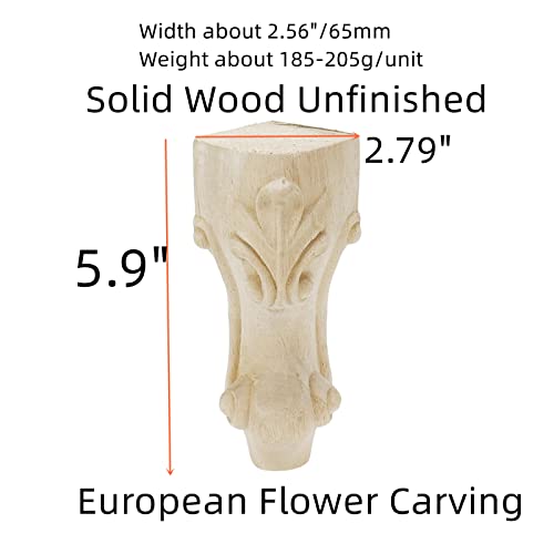 Tsnamay 5.9" Rubber Solid Wood Unfinished Furniture Legs Replacement Sofa Couch Chair,European Flower Carving Table Cabinet Furniture Wood Legs Set of 4