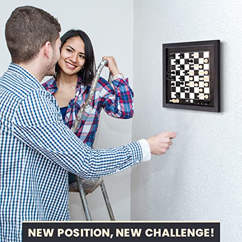 Bundaloo Hanging Magnetic Chess Set - Wall or Ceiling Mount Wooden Magnetic Board with Black & White Game Pieces - Chessboard Playing Art & Decor for Home and Office - Black Wood Frame, Strong Magnets