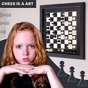 Bundaloo Hanging Magnetic Chess Set - Wall or Ceiling Mount Wooden Magnetic Board with Black & White Game Pieces - Chessboard Playing Art & Decor for Home and Office - Black Wood Frame, Strong Magnets