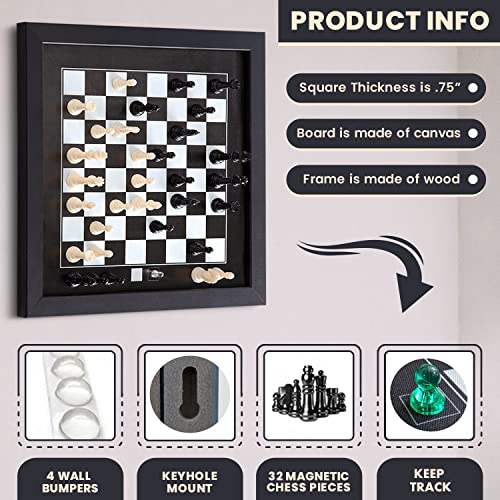 Bundaloo Hanging Magnetic Chess Set - Wall or Ceiling Mount Wooden Magnetic Board with Black & White Game Pieces - Chessboard Playing Art & Decor for Home and Office - Black Wood Frame, Strong Magnets